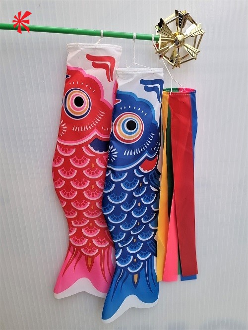Koinobori - Two Koi, Gold Spinner & Colour Ribbon - Koi Logic